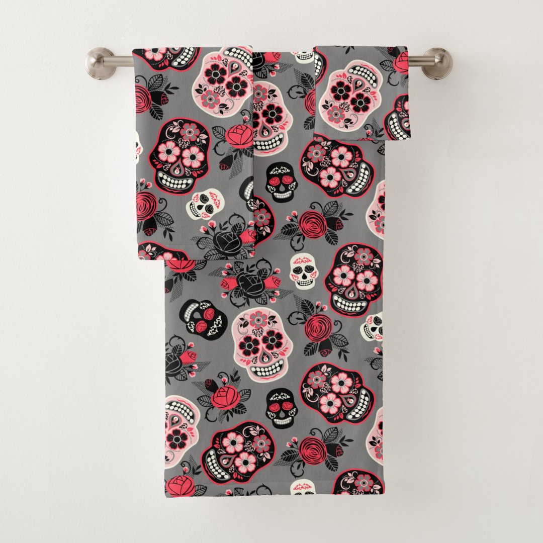 Day of the Dead Sugar Skulls, gray Bath Towel Set | Zazzle
