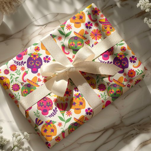 Day Of The Dead White Colorful Sugar Skull Pattern Wrapping Paper | Zazzle