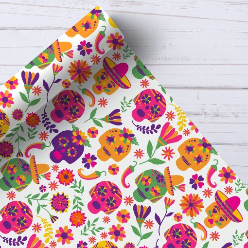 Day Of The Dead White Colorful Sugar Skull Pattern Wrapping Paper | Zazzle