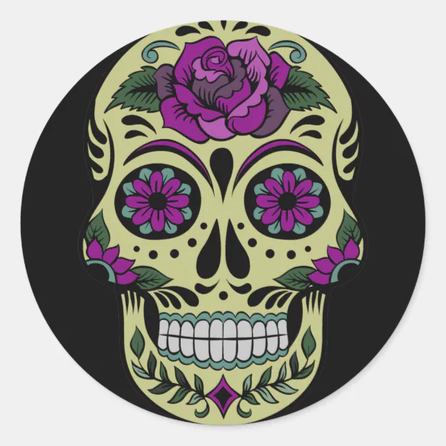 Day of the Dead with Purple Rose Classic Round Sticker | Zazzle