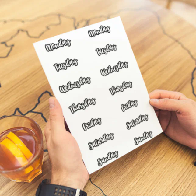 Days of the Week Black Outline White Font Stickers | Zazzle