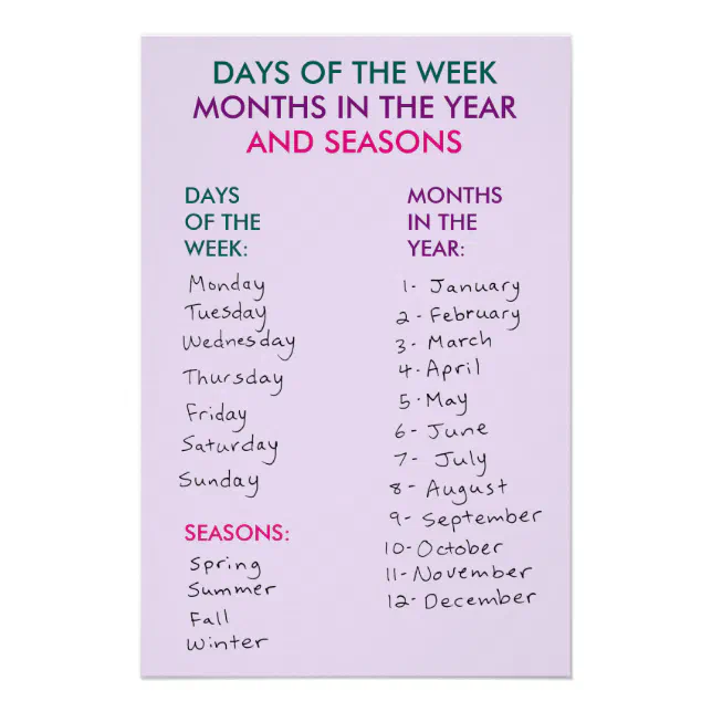 Days of the Week, Months in the Year & Seasons v2 Poster | Zazzle