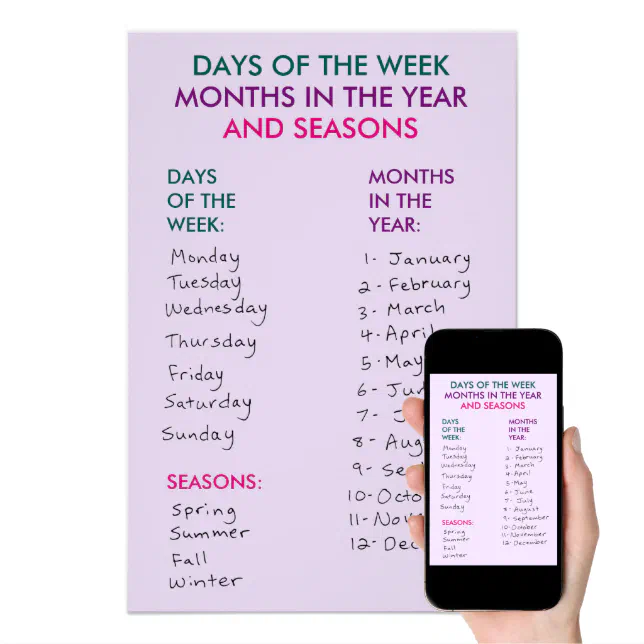 Days of the Week, Months in the Year & Seasons v2 Poster | Zazzle