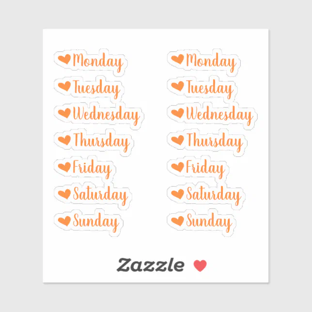 Days of the Week Orange Heart Planner Stickers | Zazzle