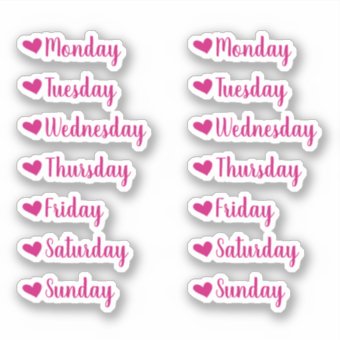 Days of the Week Pink Heart Planner Stickers | Zazzle
