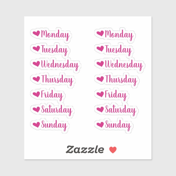 Days of the Week Pink Heart Planner Stickers | Zazzle