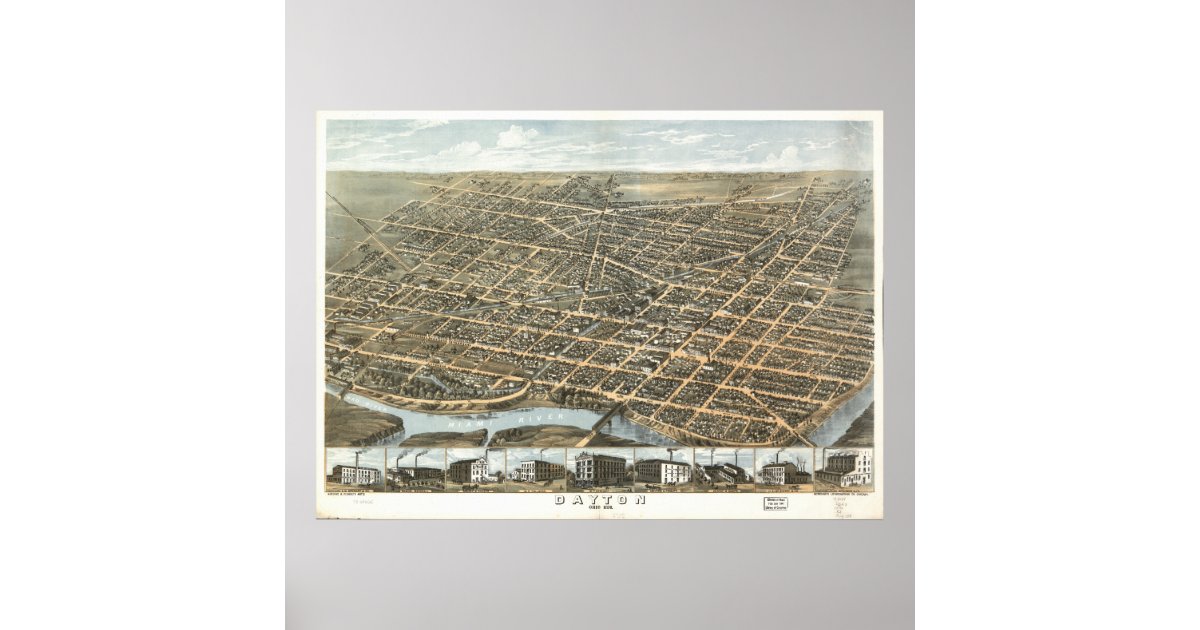 Dayton Ohio 1870 Antique Panoramic Map Poster | Zazzle