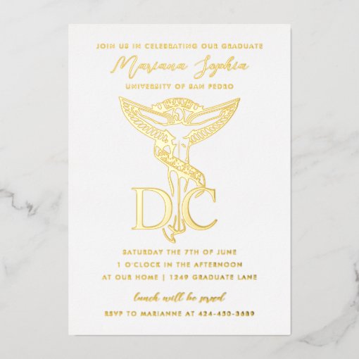 DC Doctor of Chiropractic Graduation Caduceus Gold Foil Invitation | Zazzle