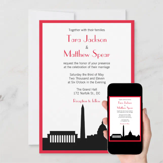 DC Skyline Wedding Invitation - Red Border | Zazzle