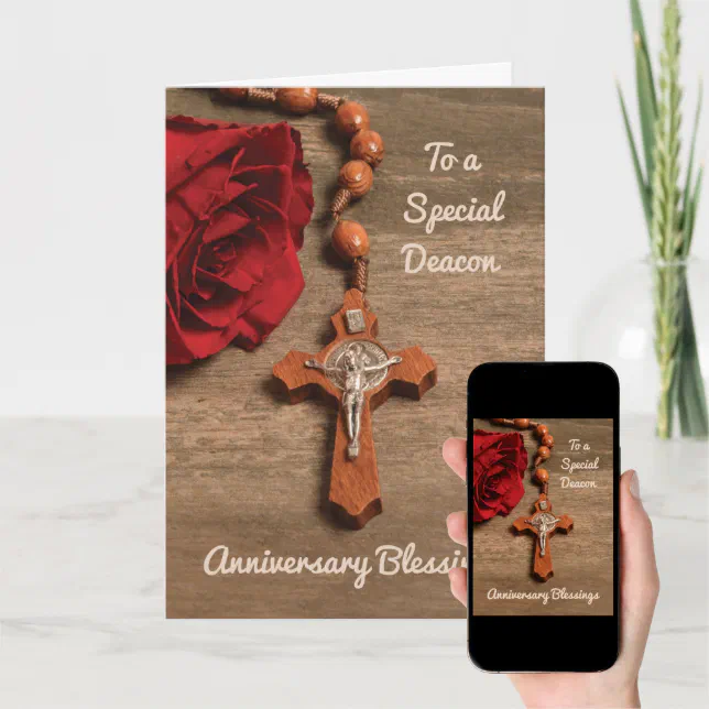 Deacon Ordination Anniversary Red Rose and Rosary Card | Zazzle