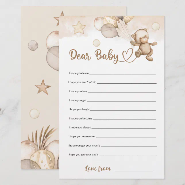 Dear Baby Wishes Baby Bear Baby Shower Game | Zazzle
