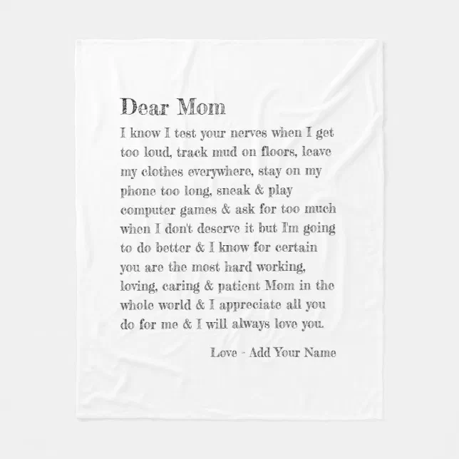 Dear Mom Letter Typography Personalized Fleece Blanket | Zazzle