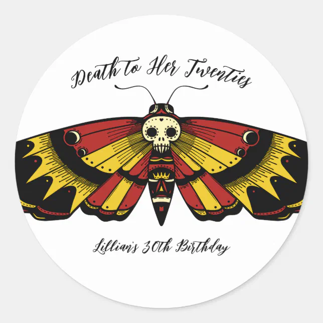 Death to 20s Birthday Moth and Skull Classic Round Sticker | Zazzle