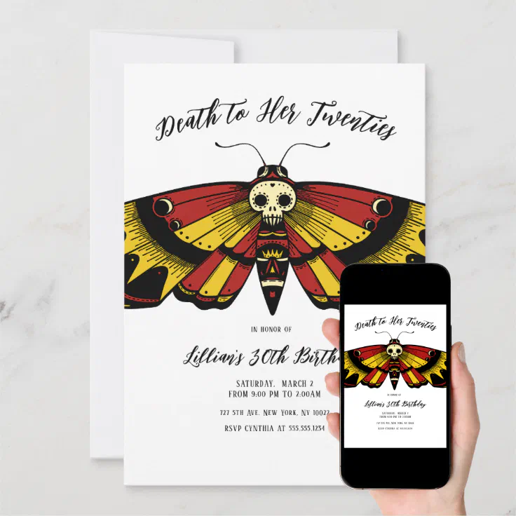 Death to 20s Birthday Moth and Skull Design Invitation | Zazzle