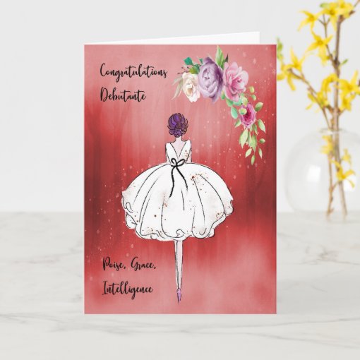 Debutante Congratulations in Red Girl & Flowers Card | Zazzle