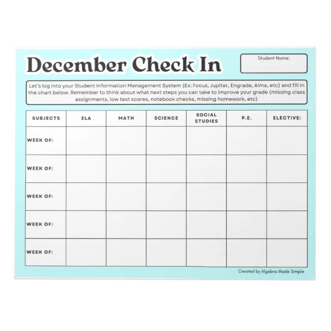 December Weekly Student Check In Grade Progress Notepad | Zazzle