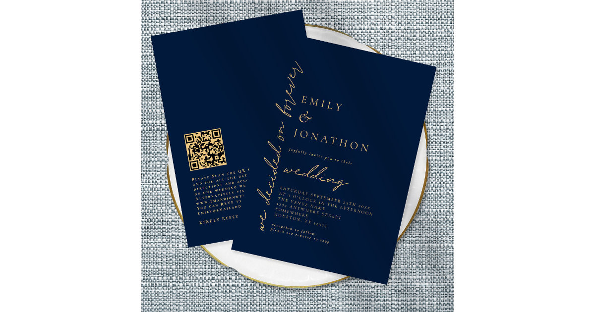 Decided on Forever QR Code Navy Gold Wedding Invitation | Zazzle