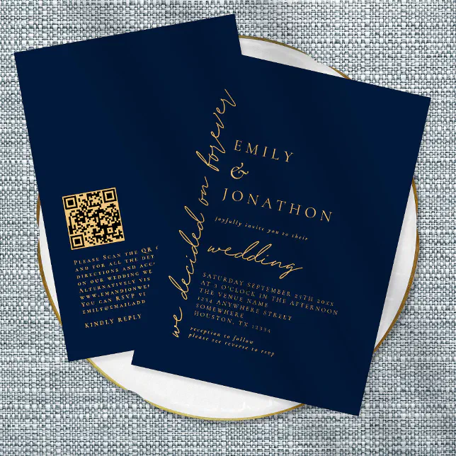 Decided on Forever QR Code Navy Gold Wedding Invitation | Zazzle