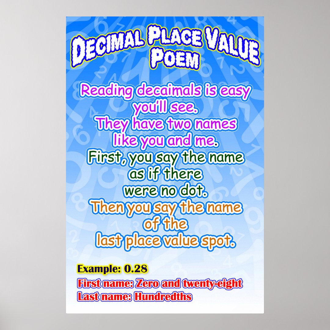 Decimal Place Value Poem = Poster/Anchor Chart | Zazzle