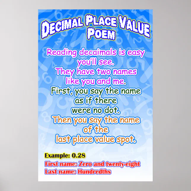 Decimal Place Value Poem = Poster/Anchor Chart | Zazzle