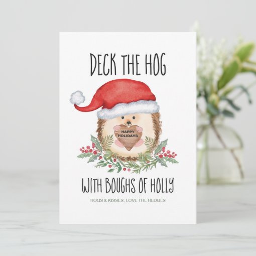 Deck the Hog Hedgehog Santa Holly Christmas Holiday Card | Zazzle