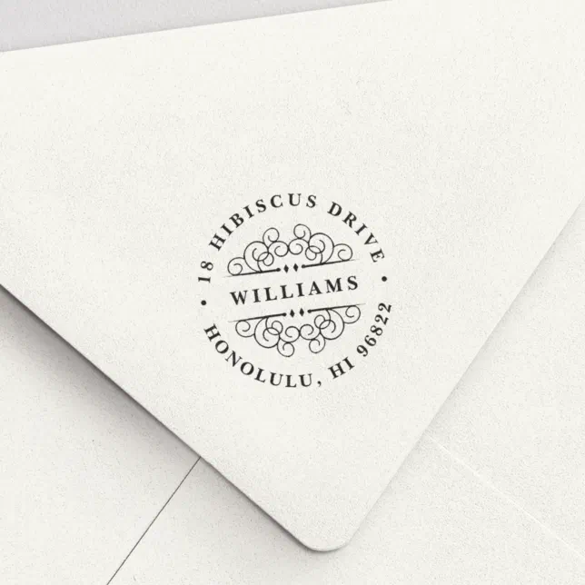 Deco Flourish Round Return Address Stamp | Zazzle