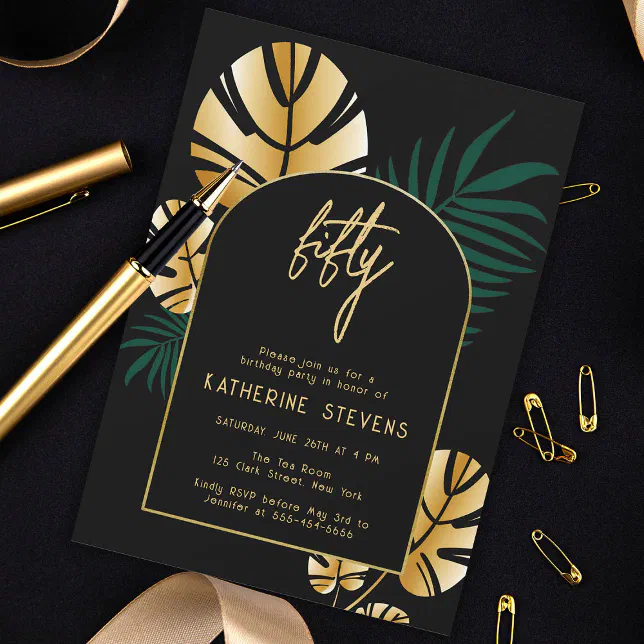 Deco Tropical Jungle Gold Boho Frame 50th Birthday Invitation | Zazzle