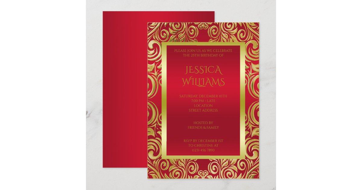 Decorated Gold Swirls & Ruby Red Birthday party Invitation | Zazzle