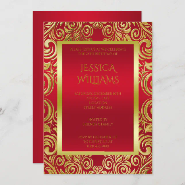 Decorated Gold Swirls & Ruby Red Birthday party Invitation | Zazzle