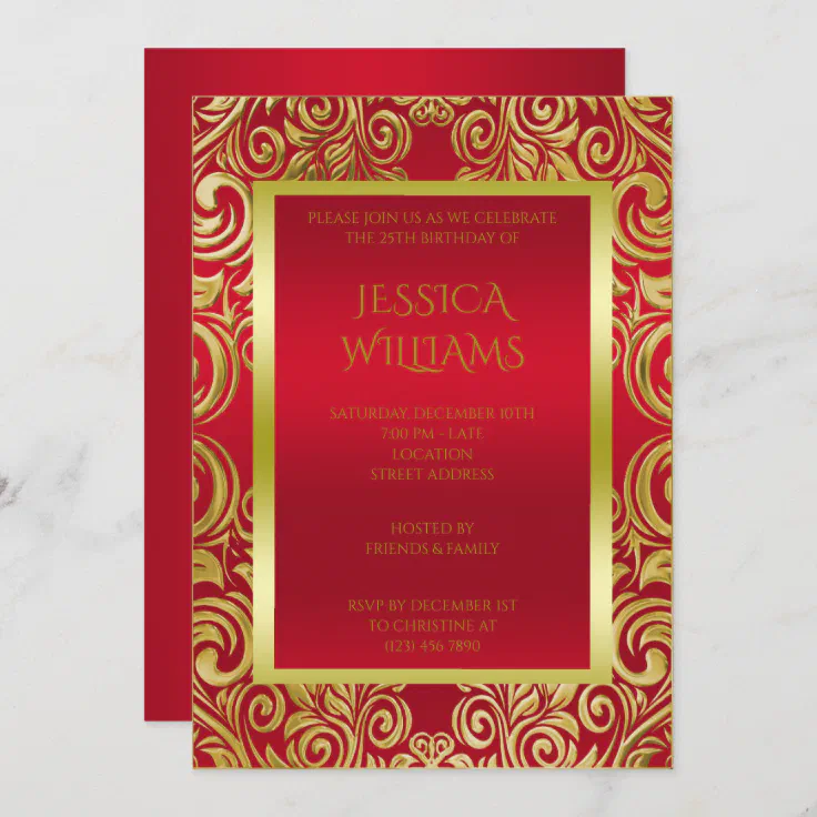 Decorated Gold Swirls & Ruby Red Birthday party Invitation | Zazzle