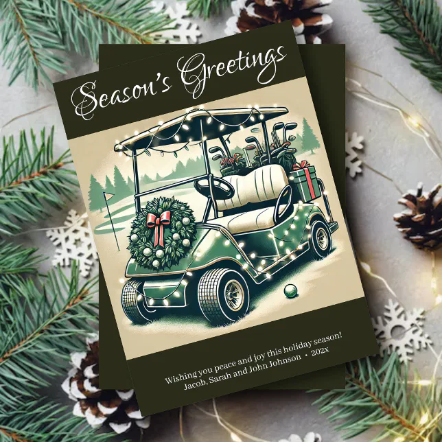 Decorated Golf Cart • Dark Olive Green Holiday Card | Zazzle