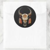 Decorated Native Bull Skull with Feathers on Black Classic Round ...