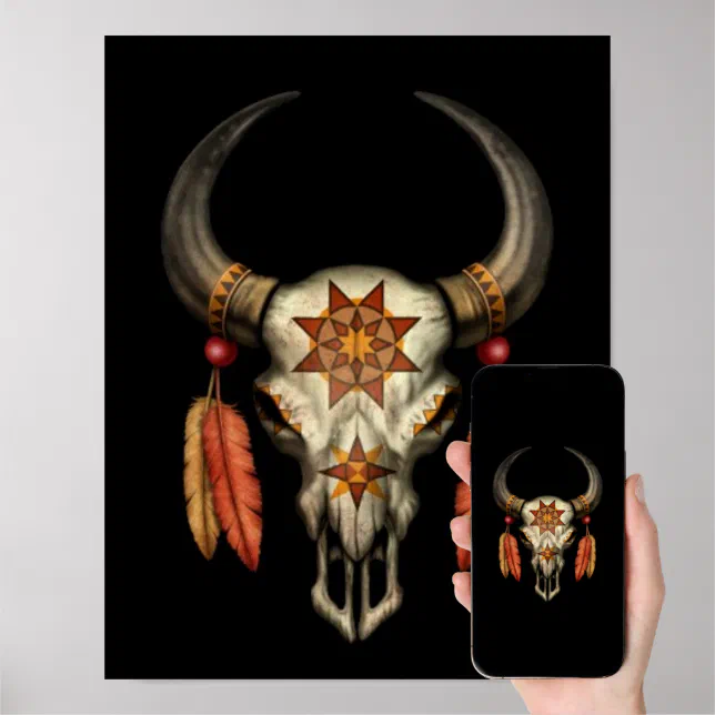 Decorated Native Bull Skull with Feathers on Black Poster | Zazzle