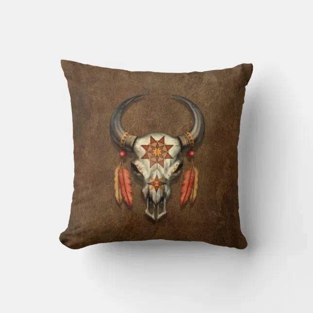 Decorated Native Bull Skull with Feathers Throw Pillow | Zazzle