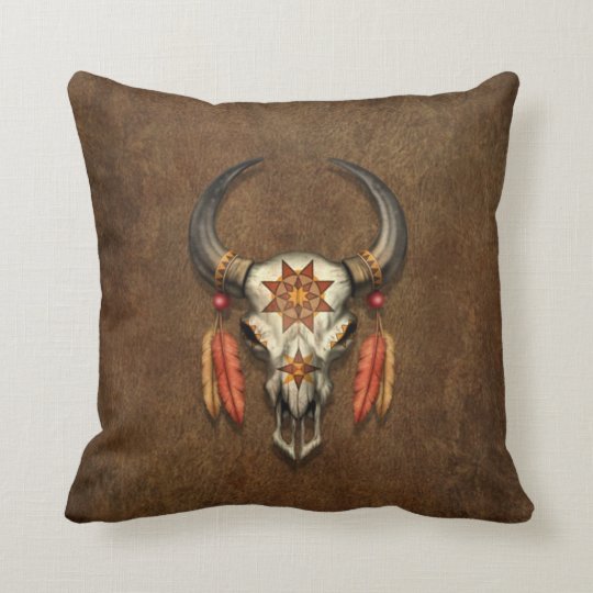 Decorated Native Bull Skull with Feathers Throw Pillow | Zazzle.com