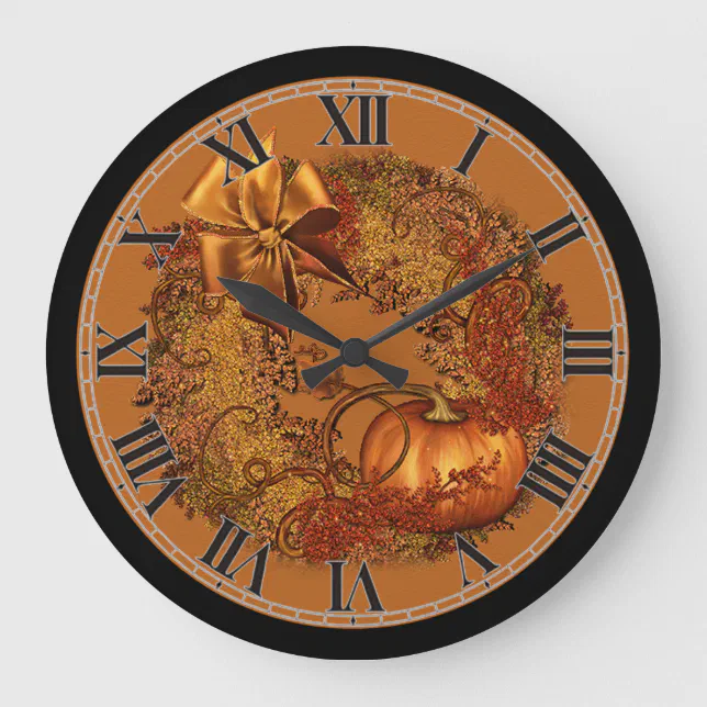 Decorative Autumn Pumpkin Wreath Round Wall Clock | Zazzle