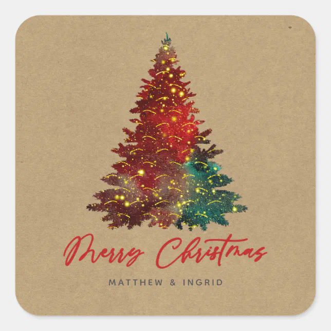 Decorative Christmas Tree Merry Christmas Square Sticker | Zazzle