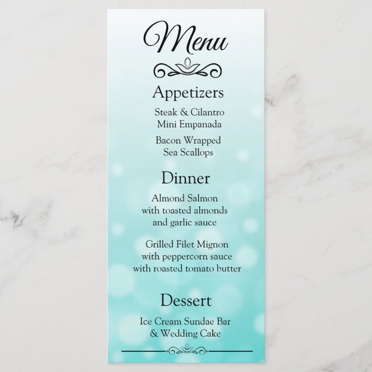 Decorative Elegant Teal Bokeh Wedding Menu Card | Zazzle