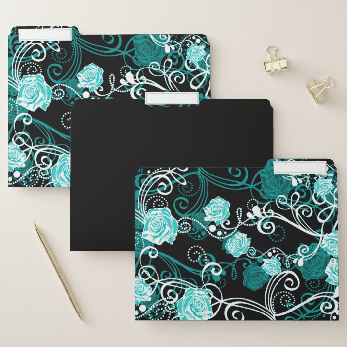 Decorative Floral | Black Teal & Turquoise Roses File Folder | Zazzle.com