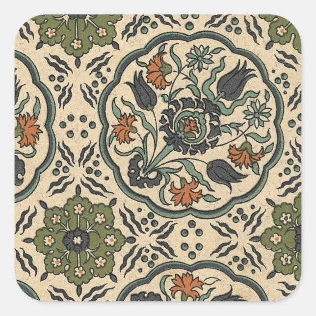 Decorative Floral Persian Tile Design Square Sticker | Zazzle
