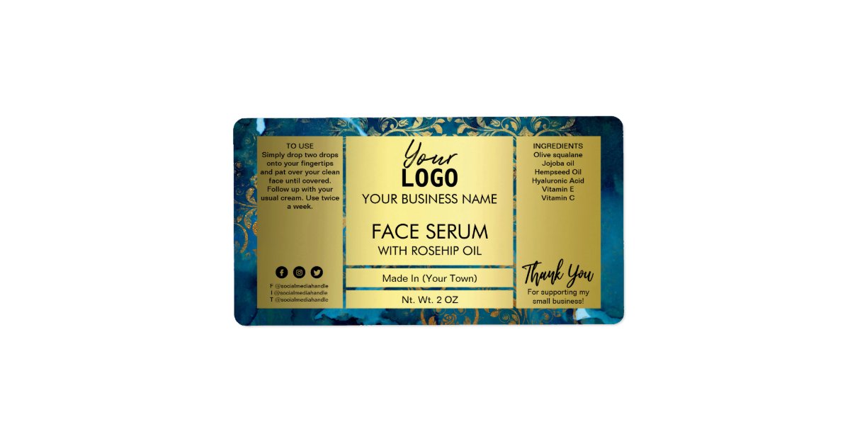 Decorative Gold And Blue Face Serum Label | Zazzle