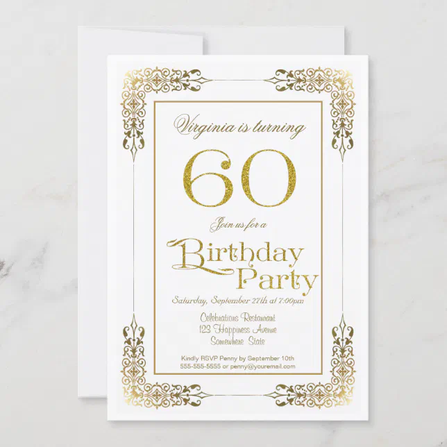 Decorative Gold Border 60th Birthday Party Invitation | Zazzle