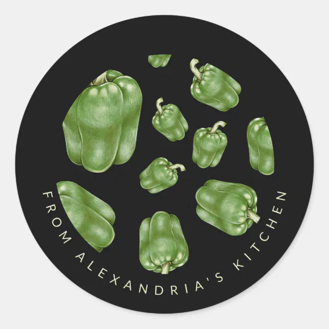 Decorative Green Bell Pepper Pattern with Text Classic Round Sticker ...