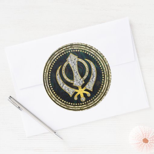 Decorative Khanda symbol with gemstones & gold Classic Round Sticker ...