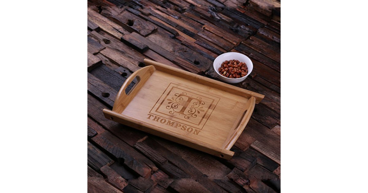 Decorative Monogram Engraved Wood Serving Tray | Zazzle