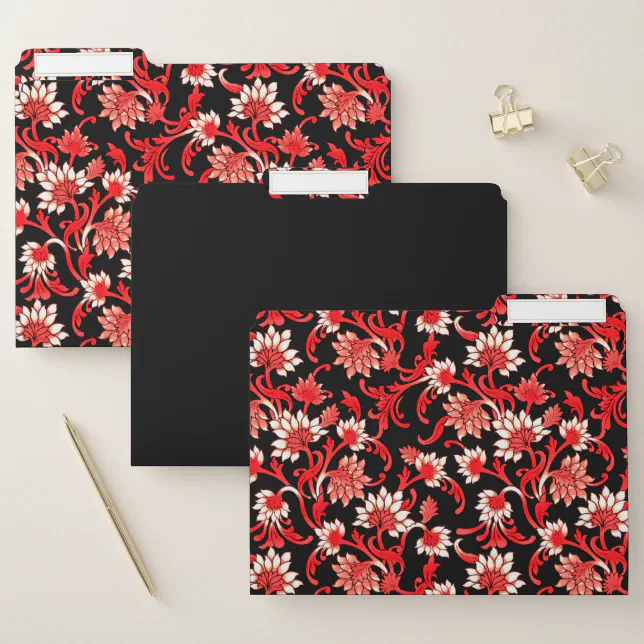 Decorative Red Black & White Floral Pattern File Folder | Zazzle