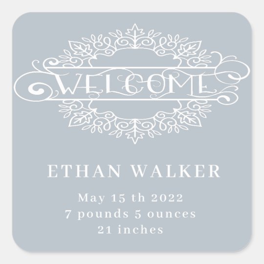 decorative script welcome baby boy blue square sticker | Zazzle.com
