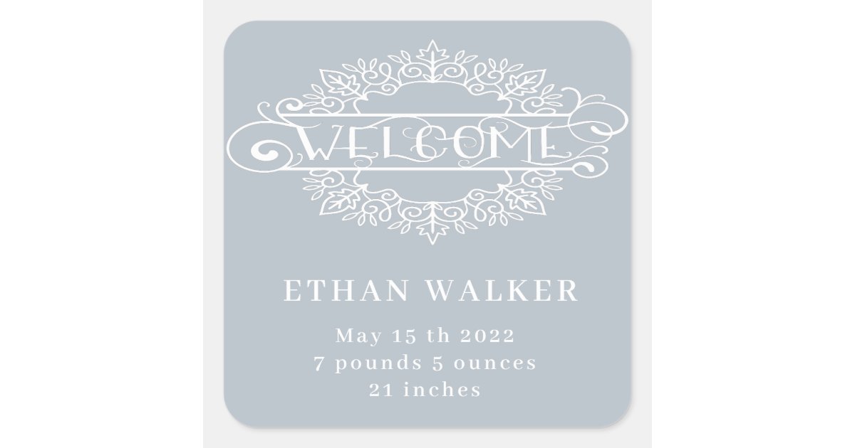 decorative script welcome baby boy blue square sticker | Zazzle