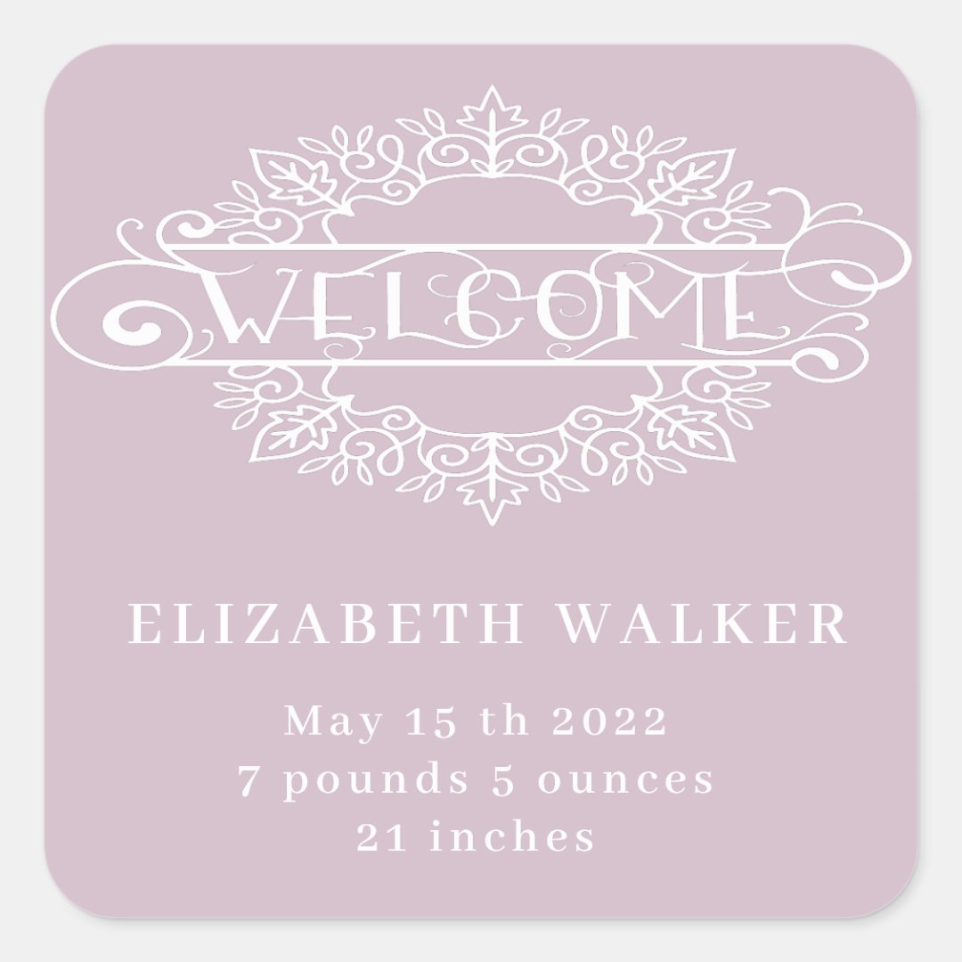 decorative script welcome baby girl blush square sticker | Zazzle