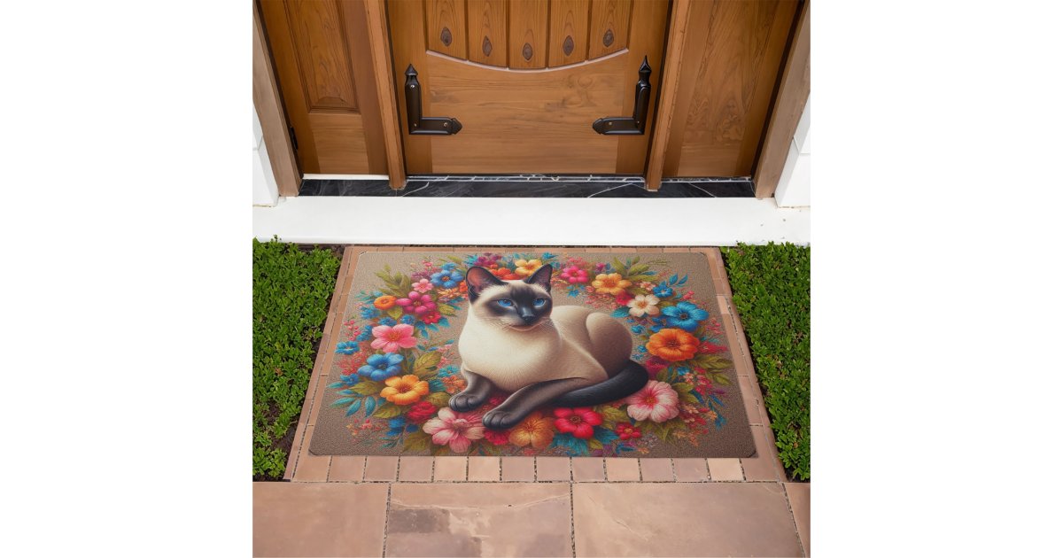 Decorative Siamese Cat Colorful Floral Border Doormat | Zazzle
